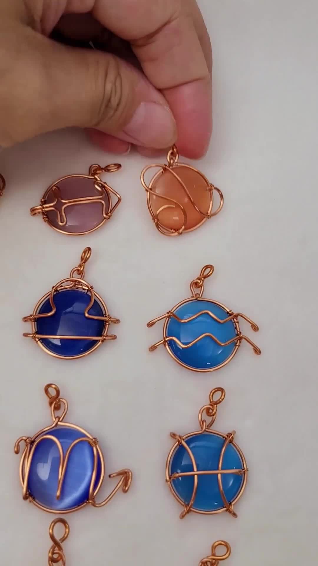 12 zodiac signs | Pendant from copper wire and round cabochon stone ...