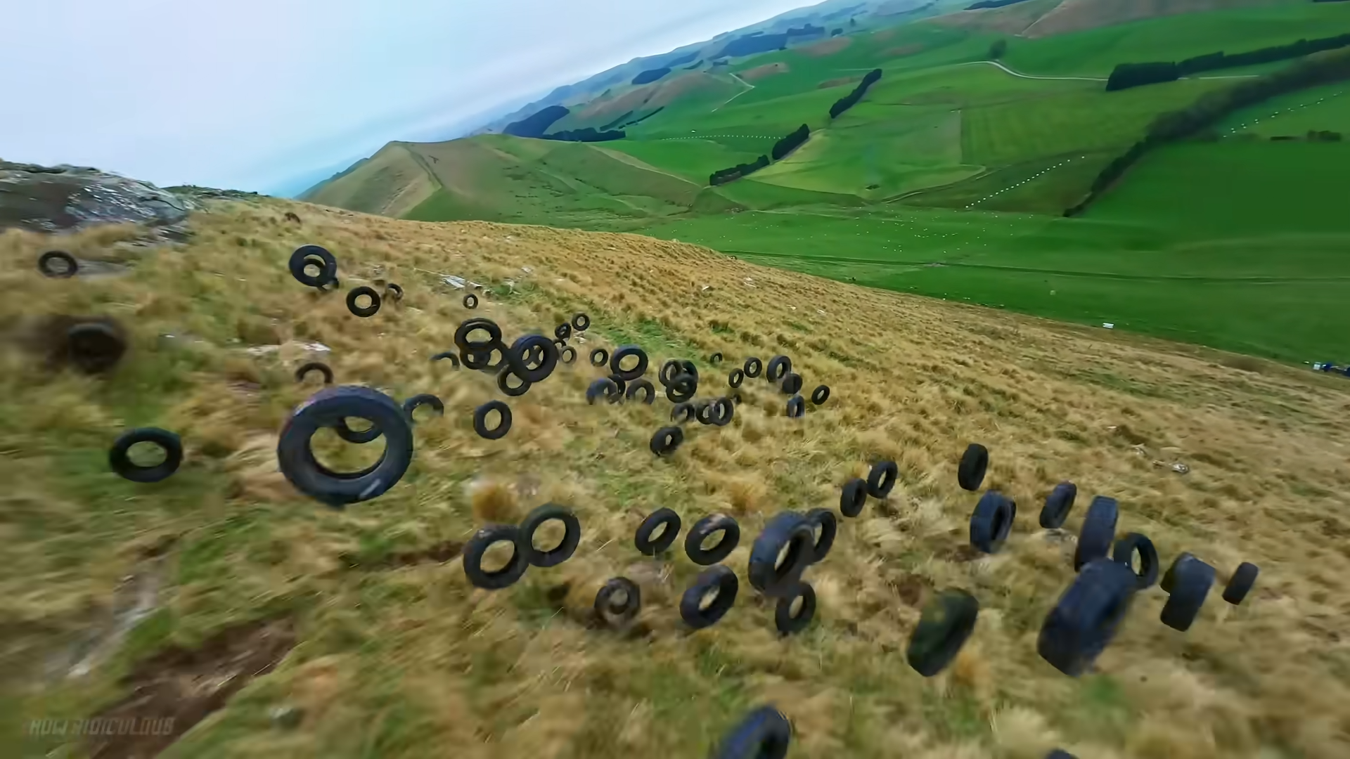 100 tires get launched down a mountain toward total destruction