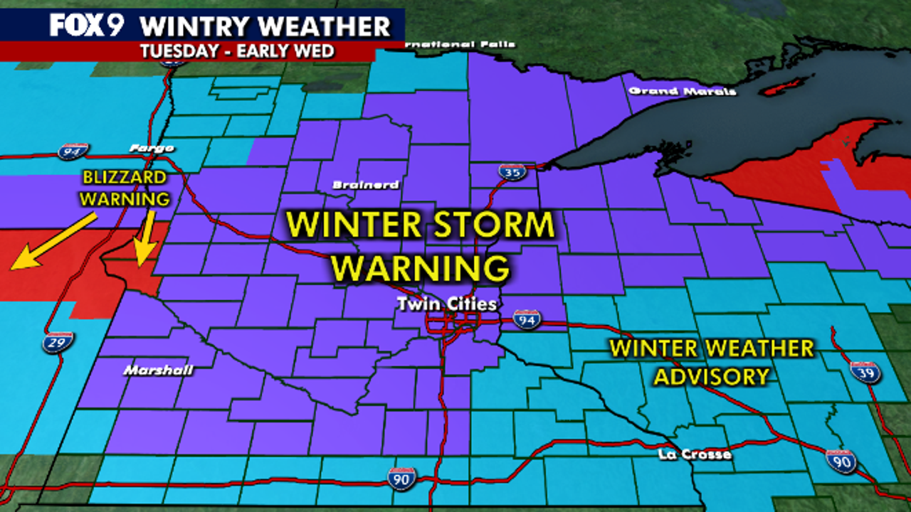 Winter storm warning for Twin Cities, blizzard warning for western MN