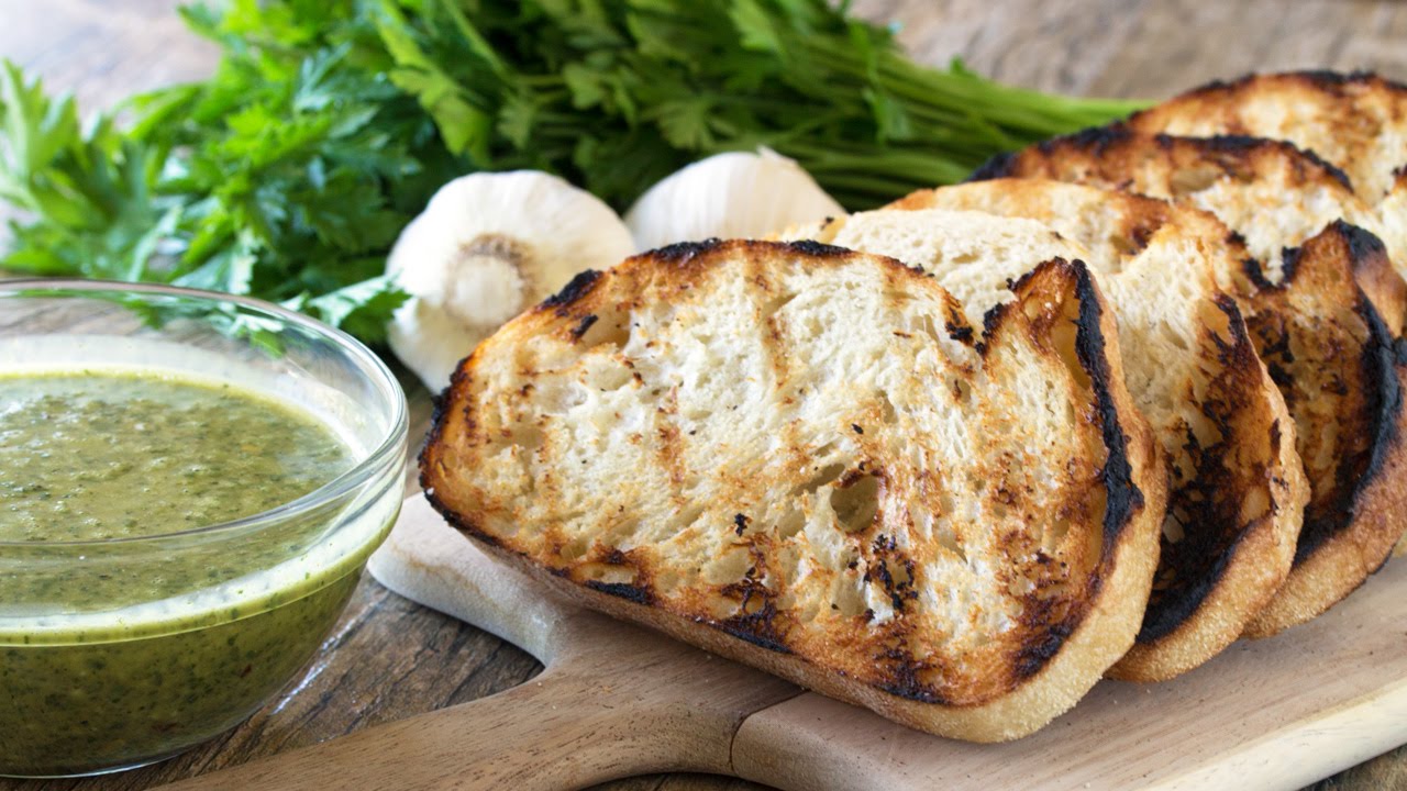 Grilled bread with chimichurri sauce