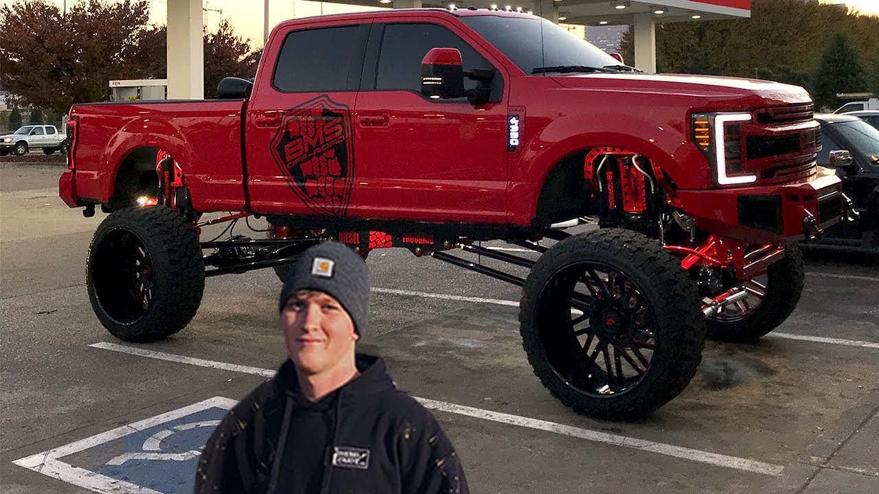 This 19 year old has a huge 20" lifted Ford F250 on 42's ($150,000)