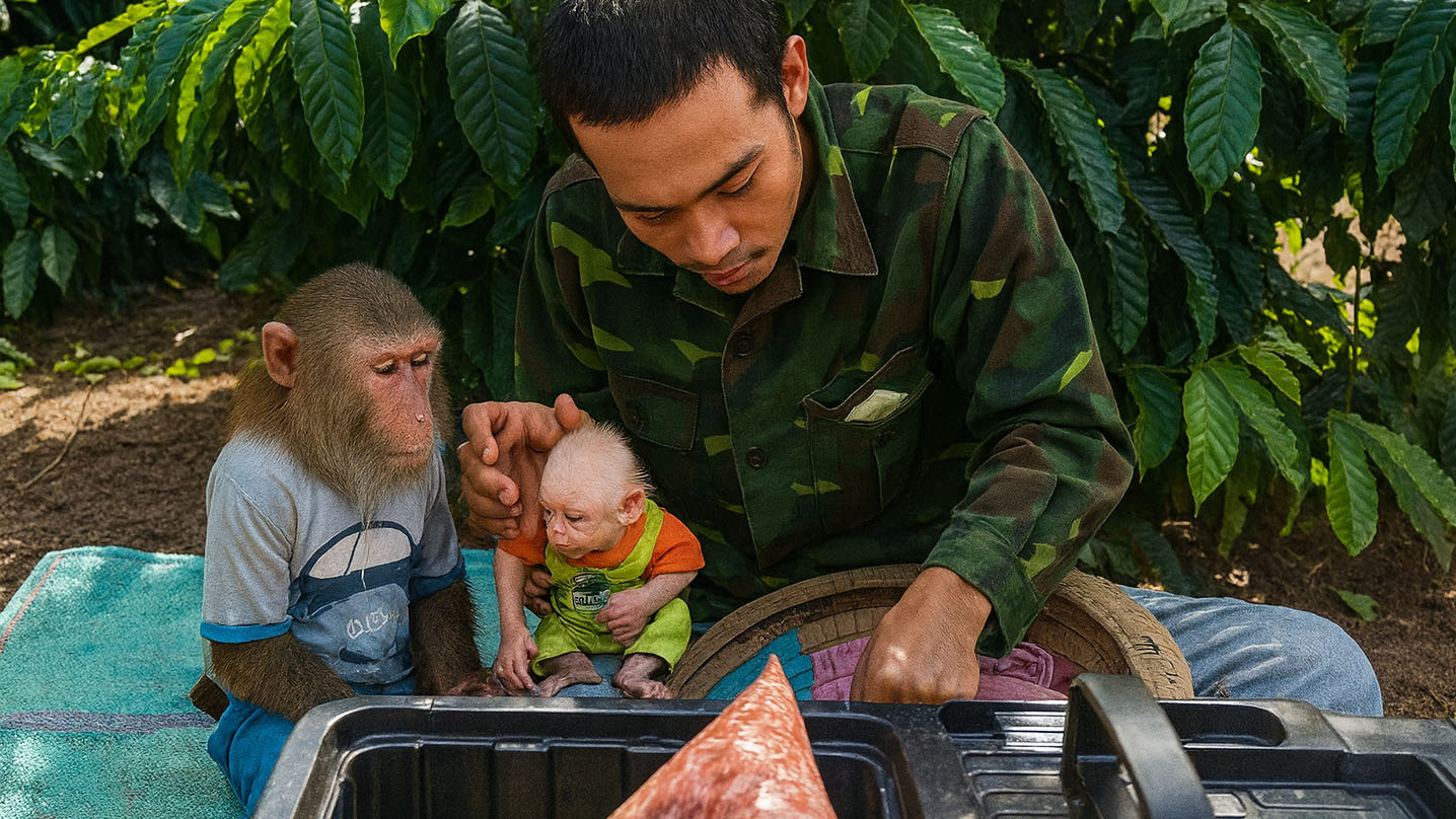 Dad Steps In After Baby Monkeys Meet a Stranger
