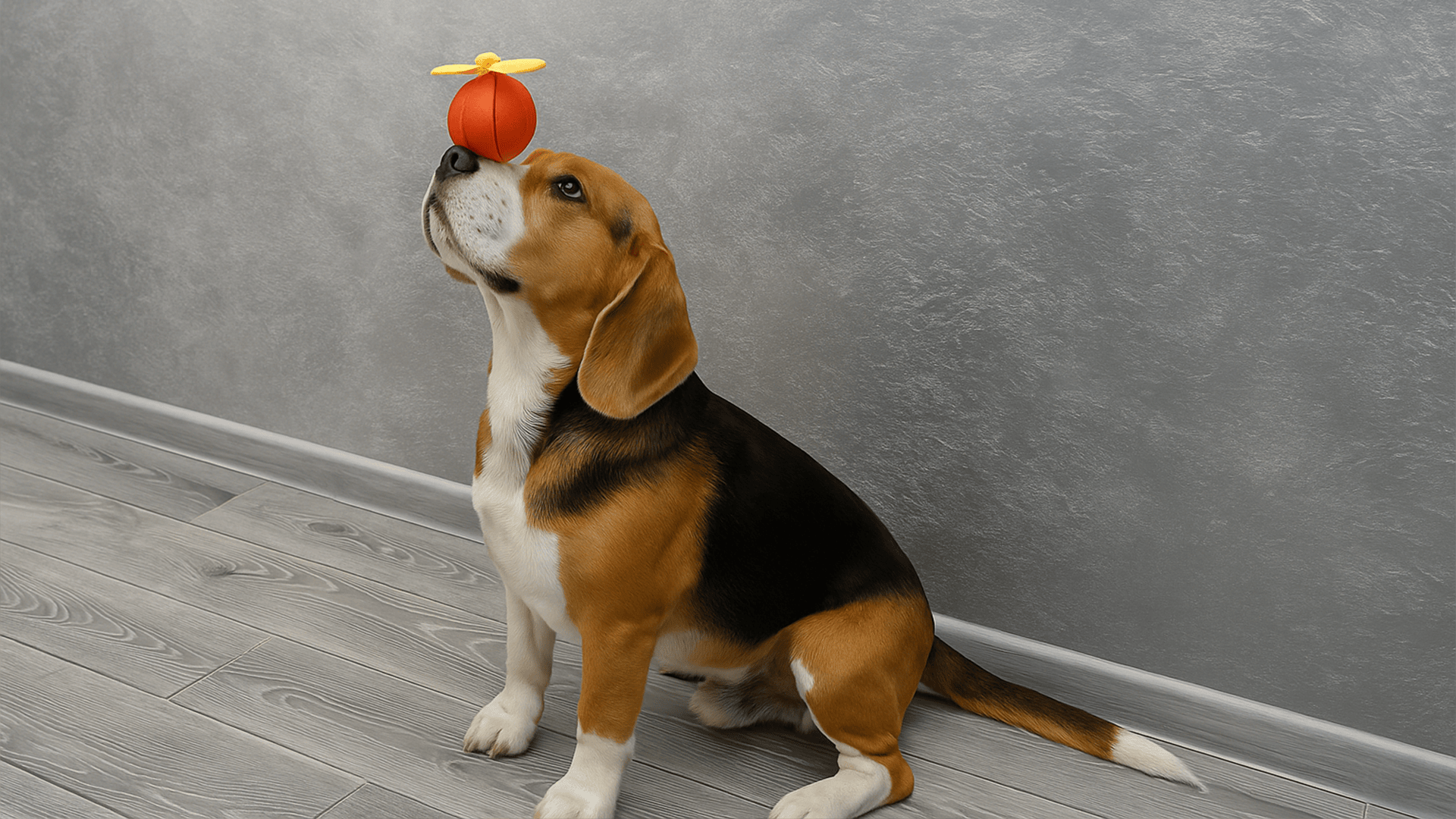 A Focused Beagle Balancing a Toy