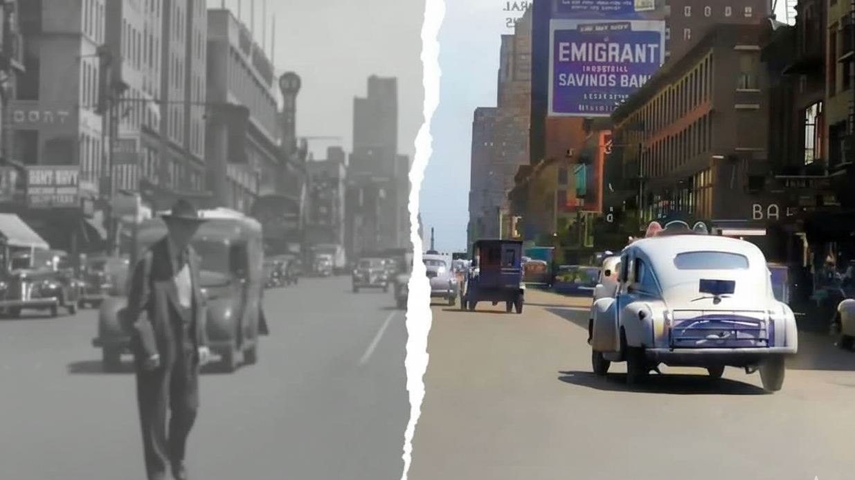 Colorized footage of New York City from 1945