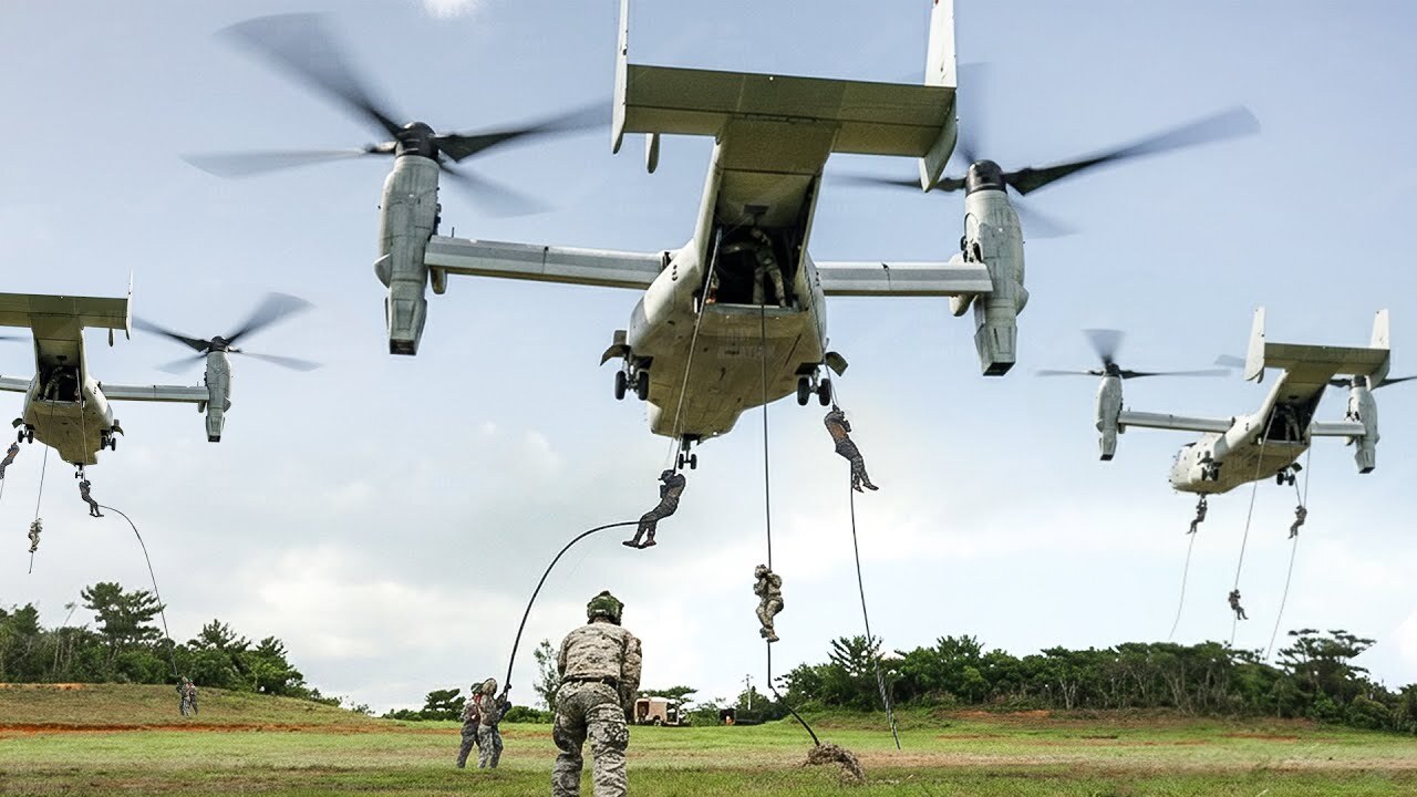 US Marines Perform Extreme Fast-Roping from a Hovering V-22 Osprey