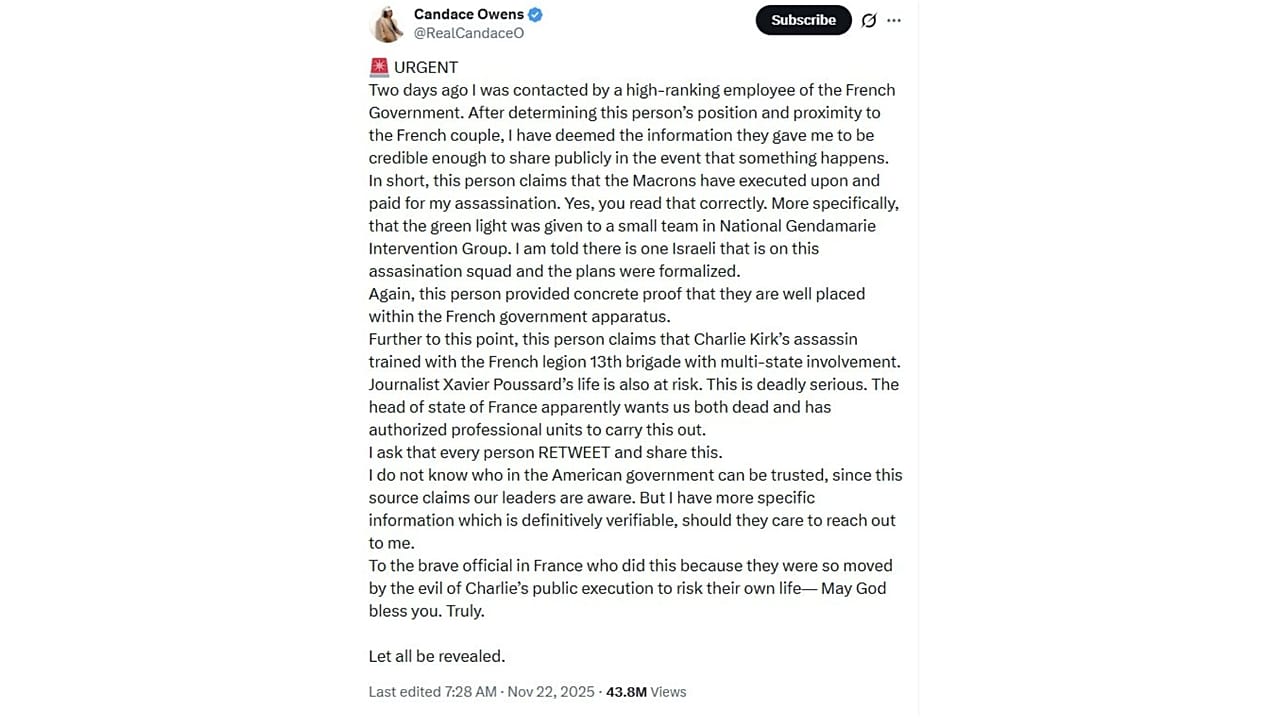 Candace Owens says Macrons ordered her assassination, but provides no evidence