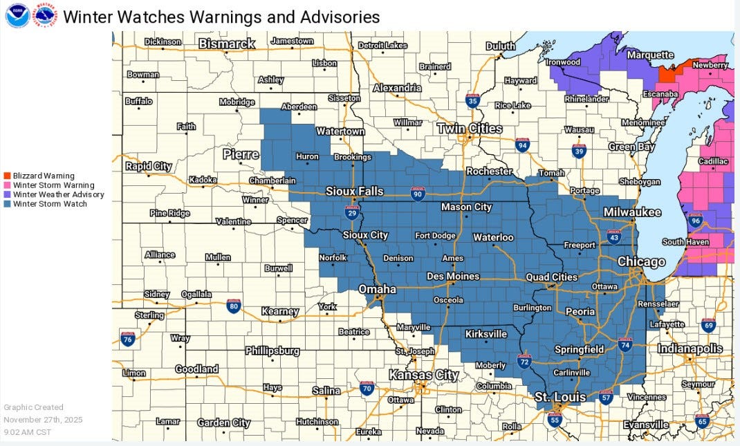 NWS issues winter storm watch for post-Thanksgiving storm