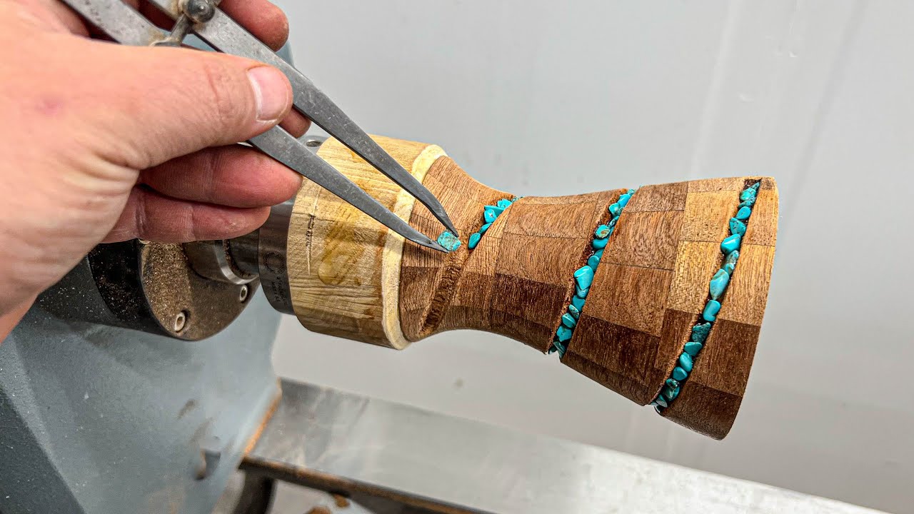 Woodturning a stone-inlaid vase | Sapele, turquoise & epoxy resin