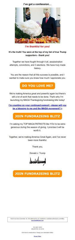 "Do You Love Me?"— Trump Asked for Cash In Bizarre Thanksgiving Email