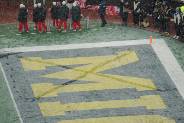 Watch Brutus Buckeye cross out the 'M' during the Ohio State-Michigan game
