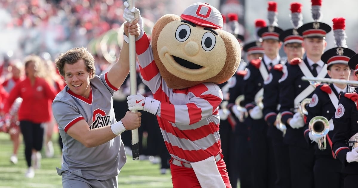 Brutus the Buckeye uses snow to cross out letter ‘M’ in Michigan end zone