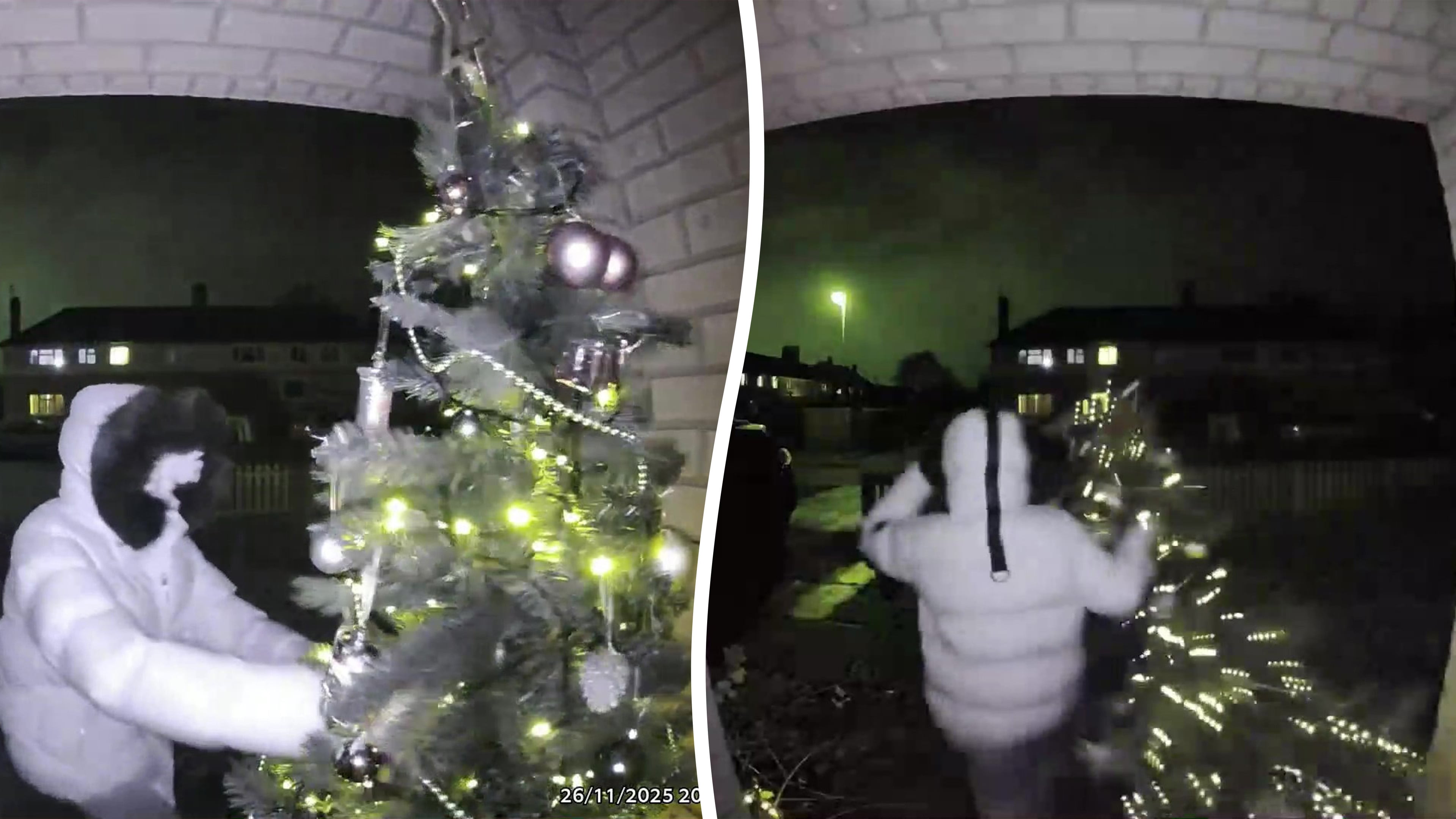 Real-life Grinch caught stealing Christmas tree on doorbell cam