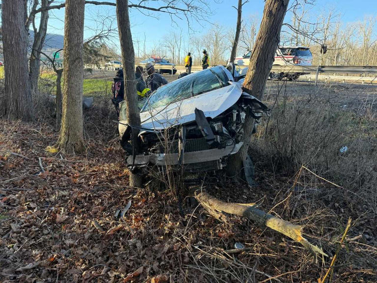 Car Slams Into Trees On NYS Thruway In Orange County, 3 Injured