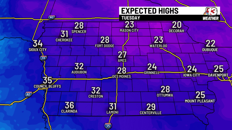 More snow on Monday, cold air settles in Iowa