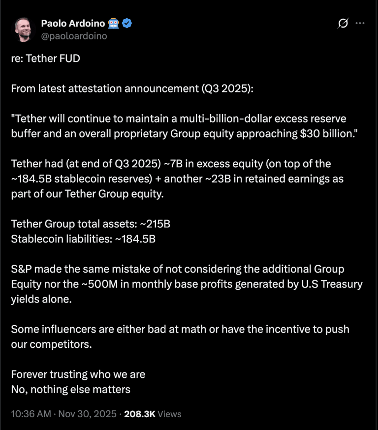 Tether CEO slams S&P ratings agency and influencers spreading USDt FUD