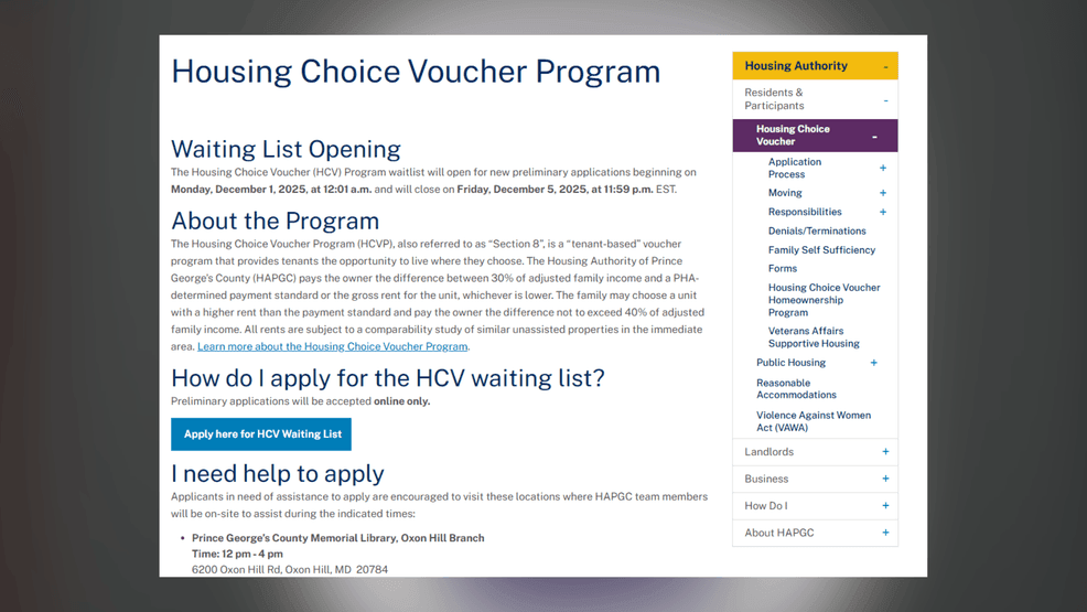 Waitlist opens for Prince George's County Housing Choice Voucher Program
