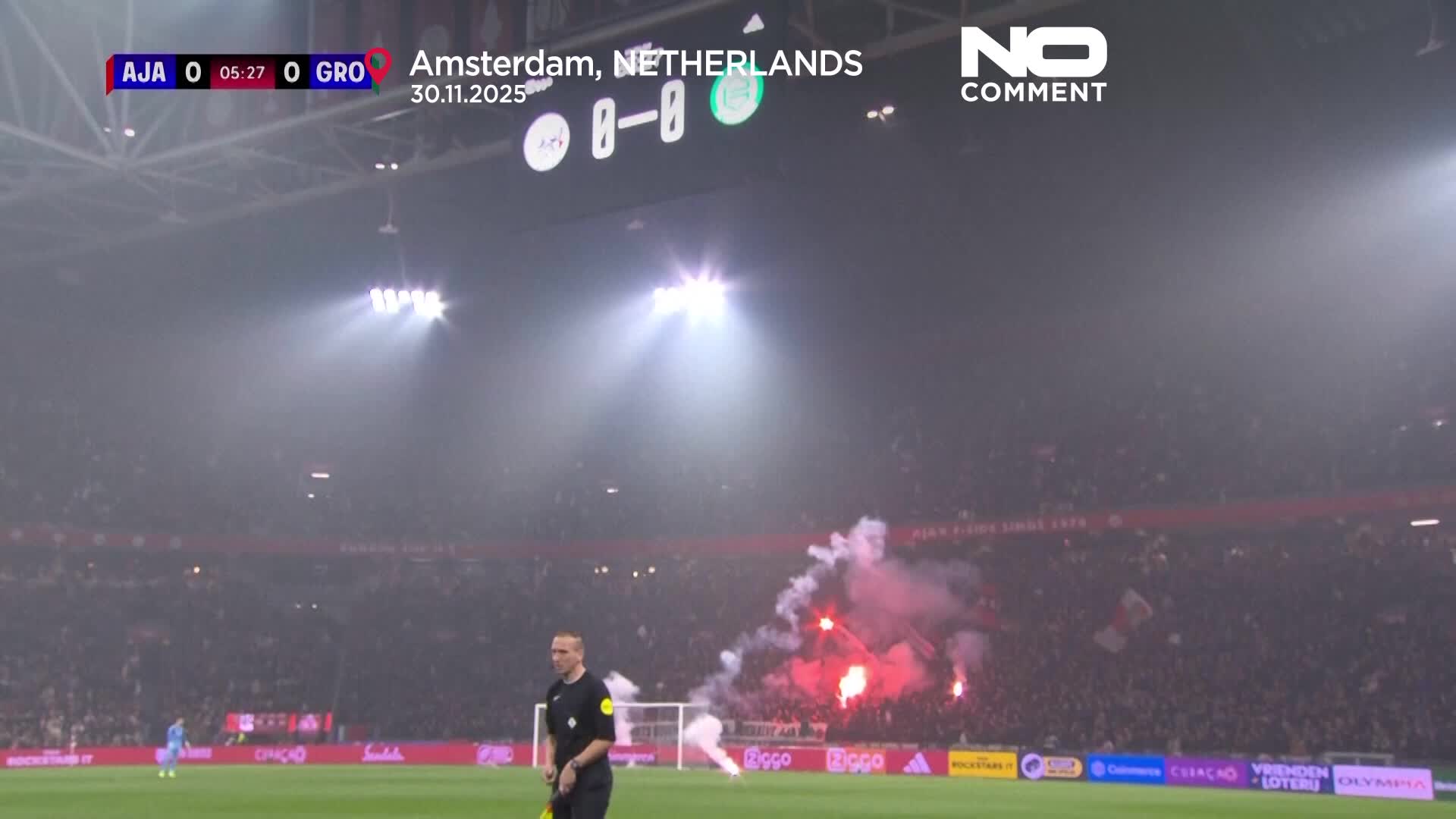 Moment fireworks force Ajax match abandonment in Amsterdam