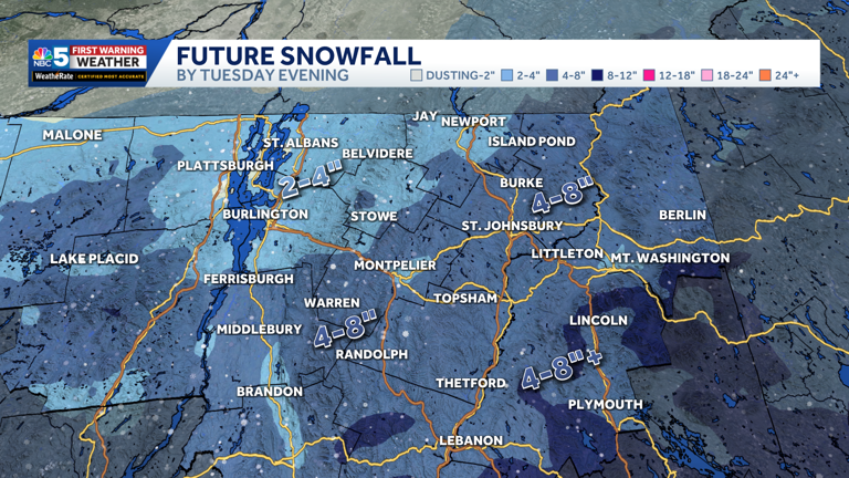 Slick travel, several inches of snow in Vermont and New York on Tuesday ...