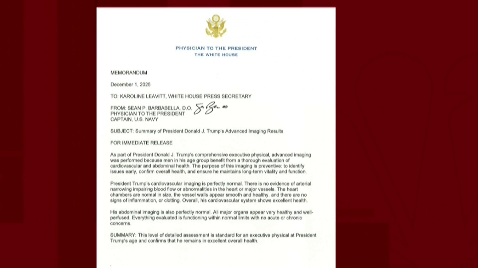 White House releases letter summarizing Trump’s MRI results