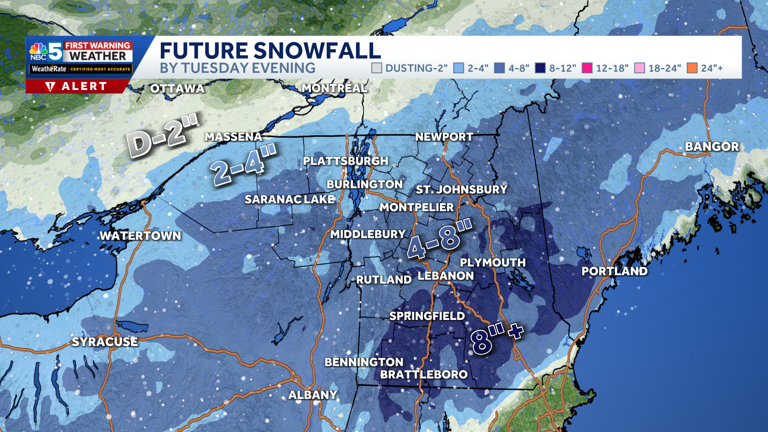 Slick travel, several inches of snow in Vermont and New York on Tuesday ...