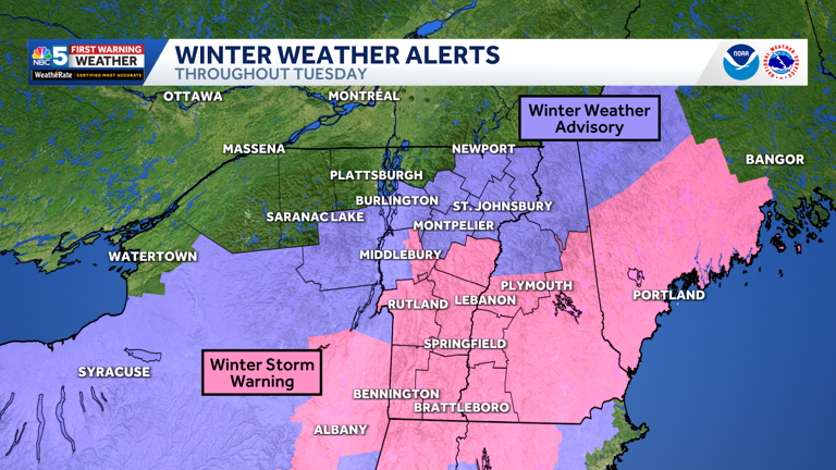 Slick travel, several inches of snow in Vermont and New York on Tuesday ...