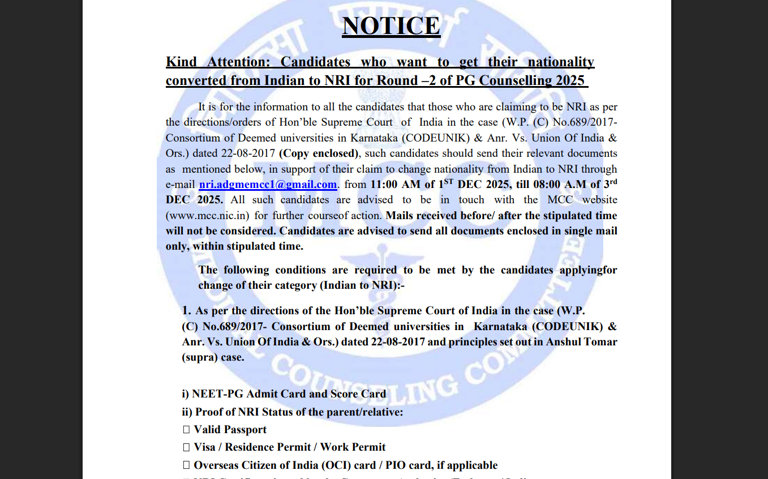 NEET PG 2026 releases important notice on nationality change for NRI ...