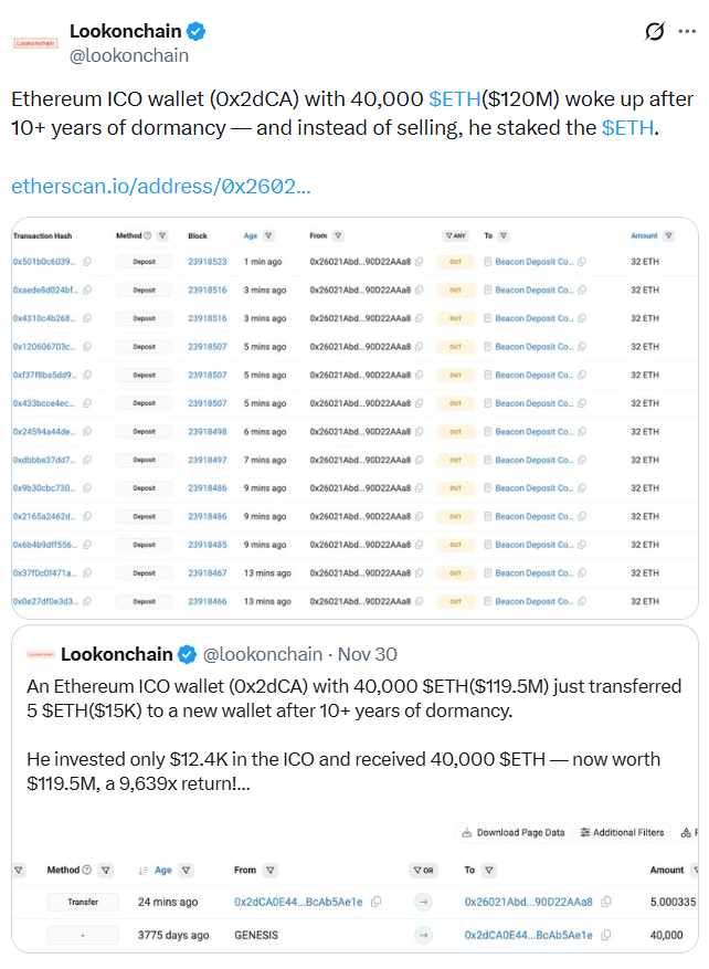 Ethereum ICO wallet moves $120M after a decade, throws it into staking