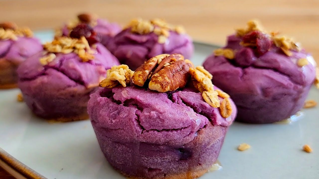Chewy & fluffy purple sweet potato bites | Baked rice cake in a muffin tin