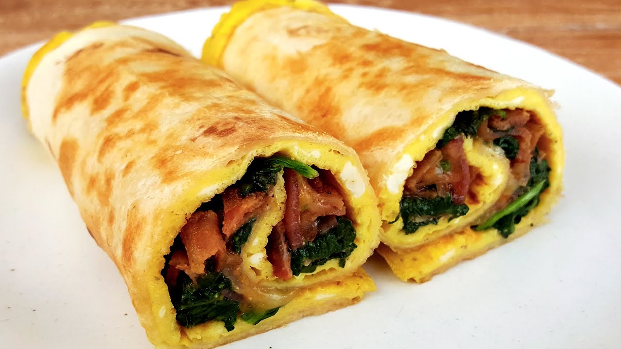 Easy breakfast wrap with spinach, bacon, egg & cheese | Tortilla egg wraps