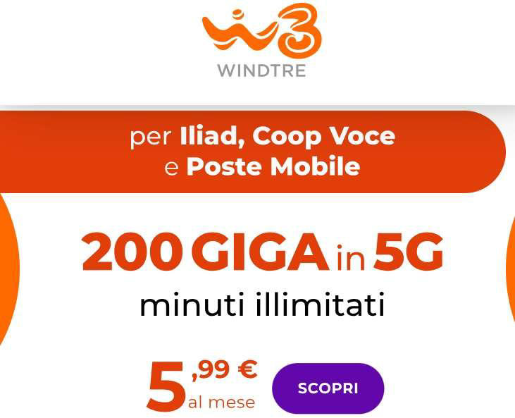 Wind Tre: offerta lampo a 5,99€ con 200 Giga per chi passa da Iliad