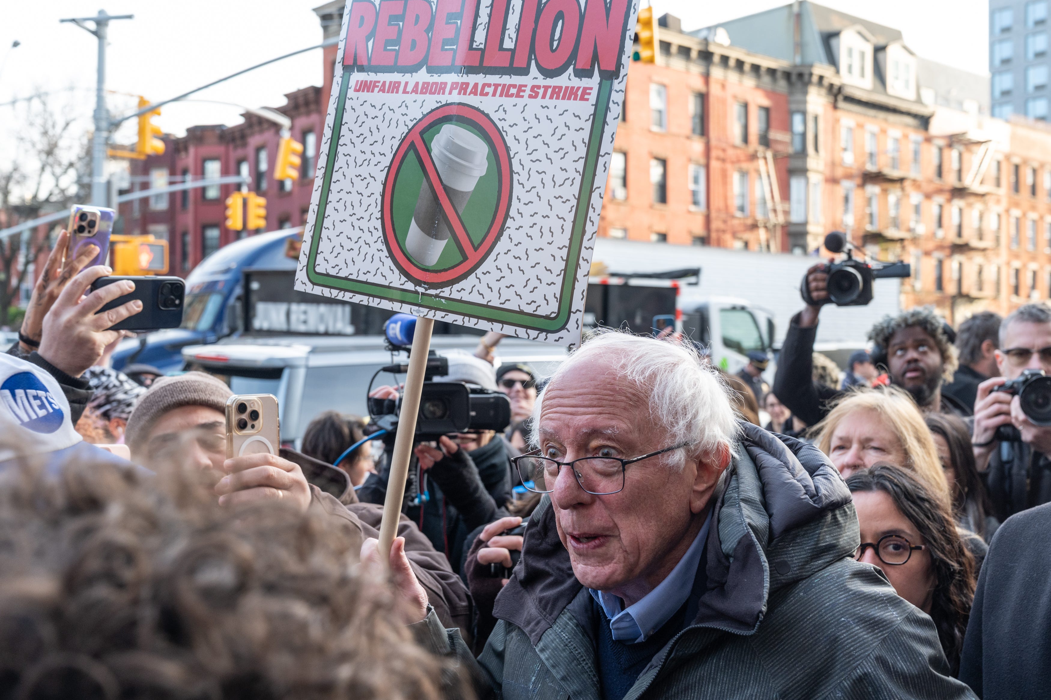 Bernie Sanders and Mamdani joined the Starbucks picket line in Brooklyn ...
