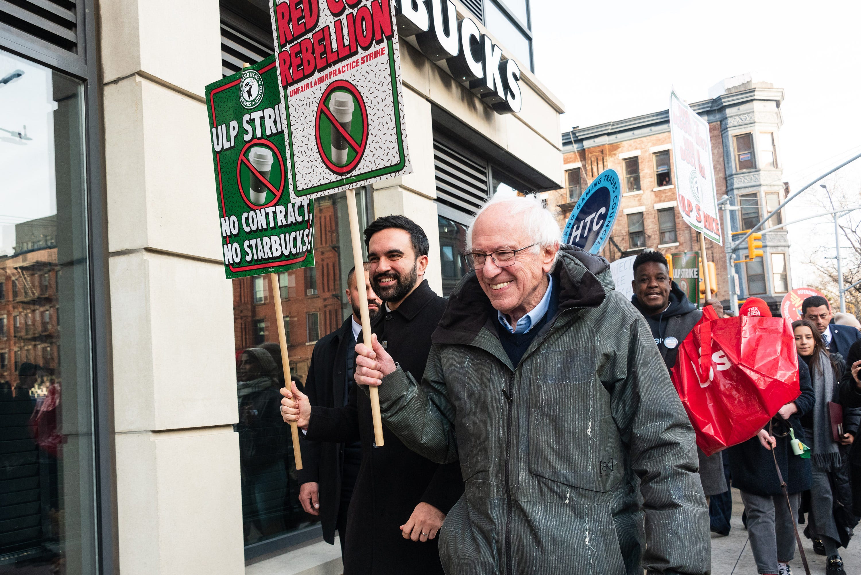 Bernie Sanders and Mamdani joined the Starbucks picket line in Brooklyn ...
