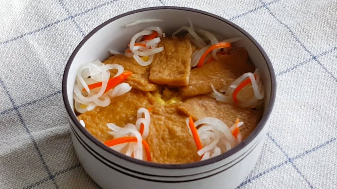 Easy fried tofu pockets and eggs rice bowl (inari in a bowl)