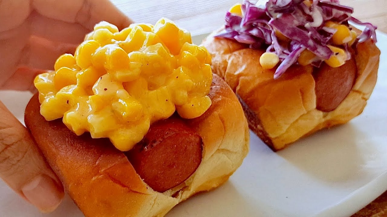 Mini hot dog sliders with 3 corn toppings