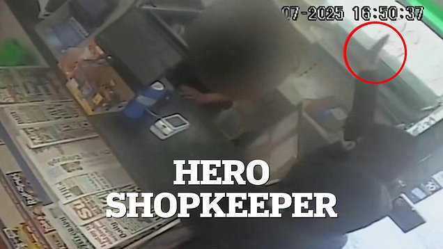 Brave shopkeeper fights off knife-wielding robbers using a crate