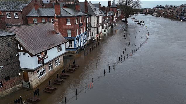 Drone footage of flooding in Yorkshire following Storm Bram