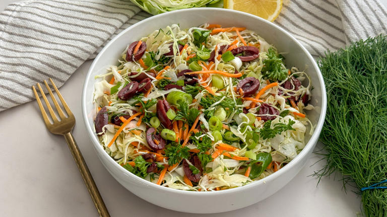 Greek cabbage salad is a crunchy addition to dinner and only takes 10 ...