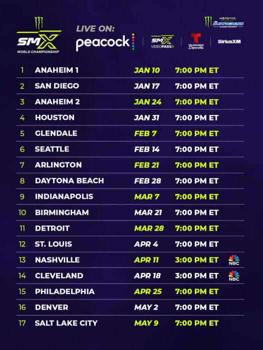 2026 NBC TV schedule features all 31 rounds of the SuperMotocross World ...