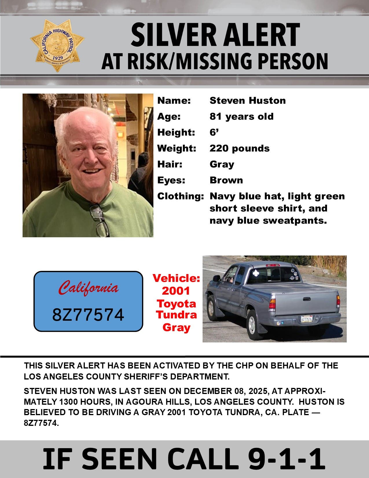 At-risk man, 81, goes missing in Agoura Hills: Have you seen Steven Huston?