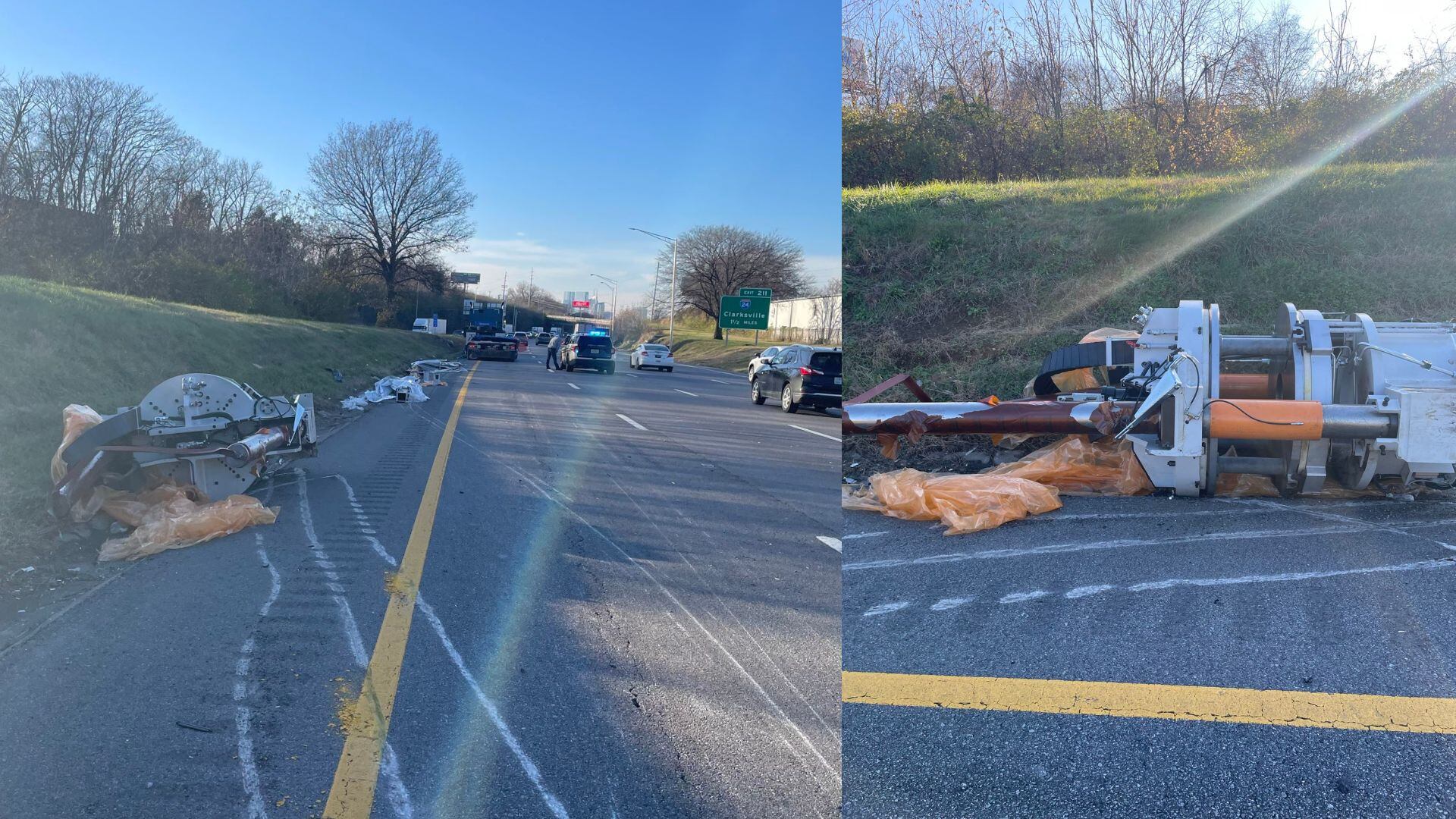 Truck hauling 22,000-pound metal press overturns, causing traffic ...