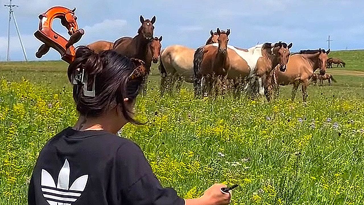 Music drifts across the steppe as horses gather around musician