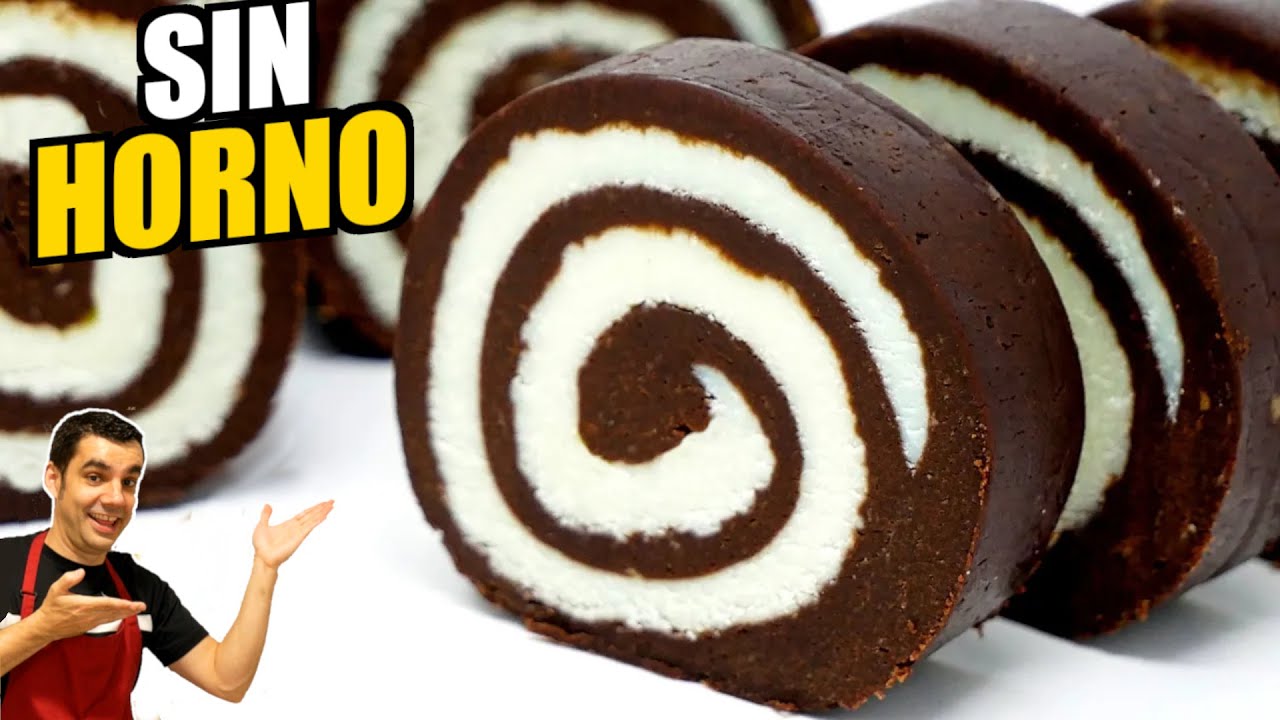 Pastel de chocolate en rollo fácil sin horno, huevo ni gelatina