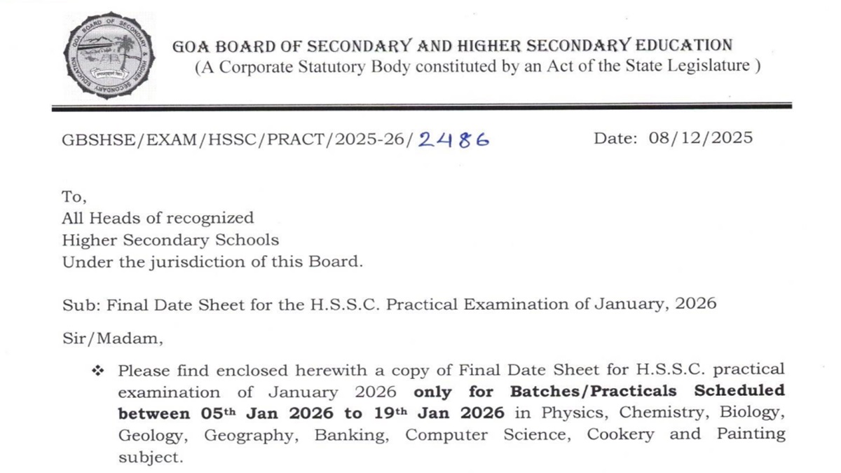 Goa Board HSSC class 12th practical exams time table 2026 released ...