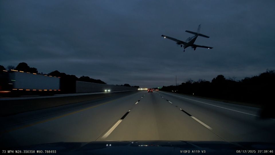 Dramatic moment plane collides with car during highway crash landing