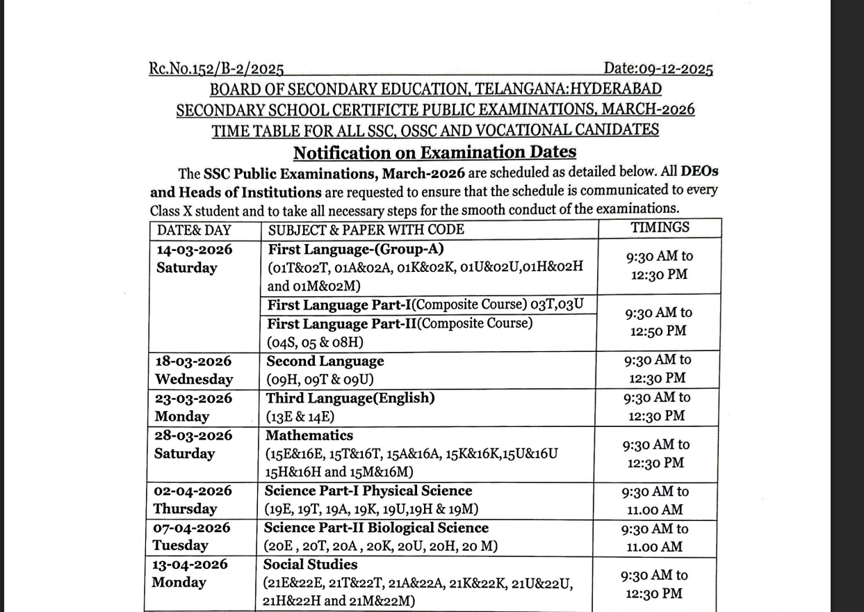 TS SSC timetable 2025 released at bse.telangana.gov.in: Check class ...