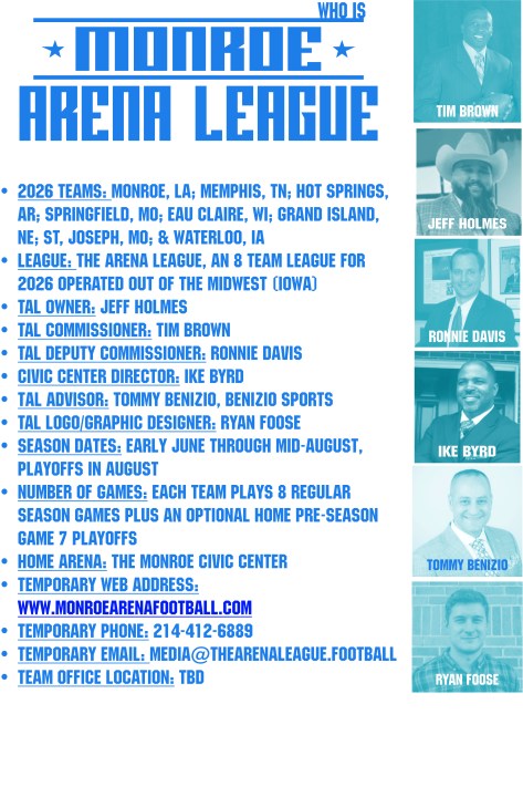 Professional arena football is coming to Monroe, June 2026