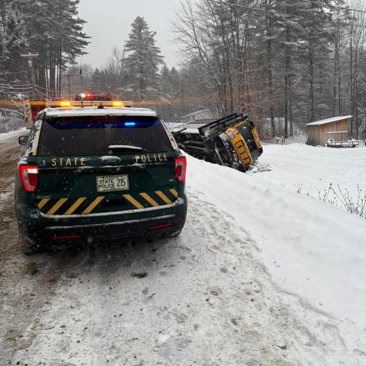 VT-12 closed to remove school bus that rolled over