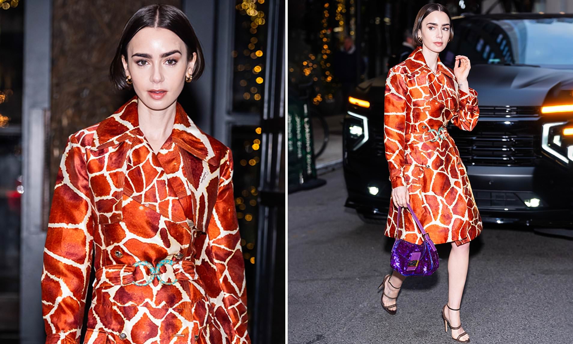 Lily Collins cuts a stylish figure in a vintage Roberto Cavalli coat as ...