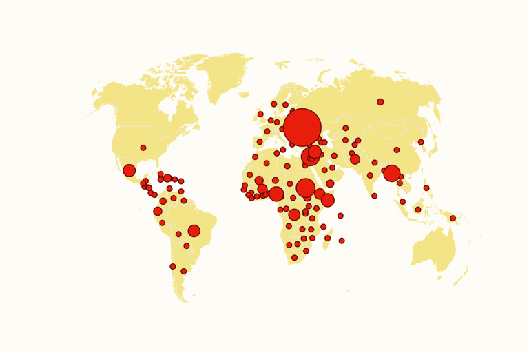 World map shows deadliest wars in 2025