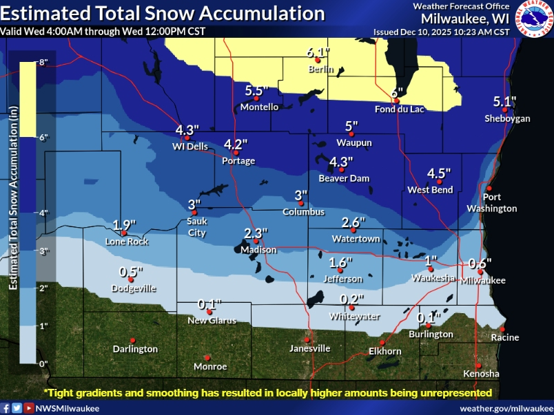Wisconsin snow totals: Up to 7 inches fall from Oshkosh to Lake Michigan